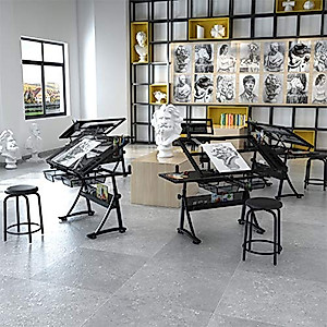 EESHHA Drawing Table Drafting Table with Storage, Height Adjustable Tiltable Art Desk, Glass Panel Drawing Desk, for Work Study Painting Craft Table