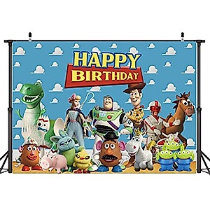 7x5ft Toy Story Theme Happy Birthday Party Photography Backdrops Blue Sky White Clouds Indoor Banner Kids Birthday Party Photo Background Cake Table Decoration Supplies Studio Booth Props