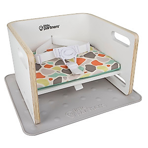Little Partners® 3-in-1 Wooden Learning Booster Seat for Toddlers - Converts to Step Stool for Kids - Seat Cushion, Silicone Mat, and Booster Chair with Safety Straps - Feeding Chair (White)