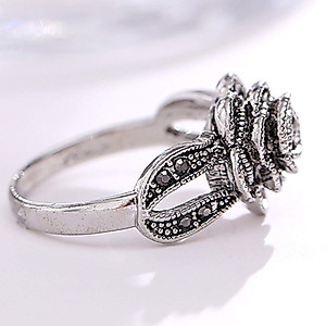 SANWOOD Rings, Engagement Wedding Women Girl Wedding Cute Ring Vintage Rose Flower Shiny Rhinestone Inlaid Finger Cute Ring - Antique Silver US 7