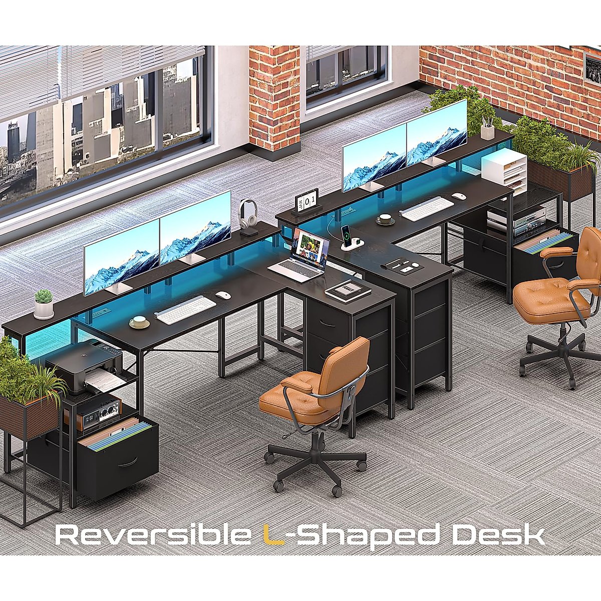 Yoobure L Shaped Desk with Drawers, Gaming Desk with LED Lights & Outlets, 75" Reversible Computer Desk with Storage File Cabinet & Printer Stand, Corner Desk Office Desk with Dual Monitor Stand Black