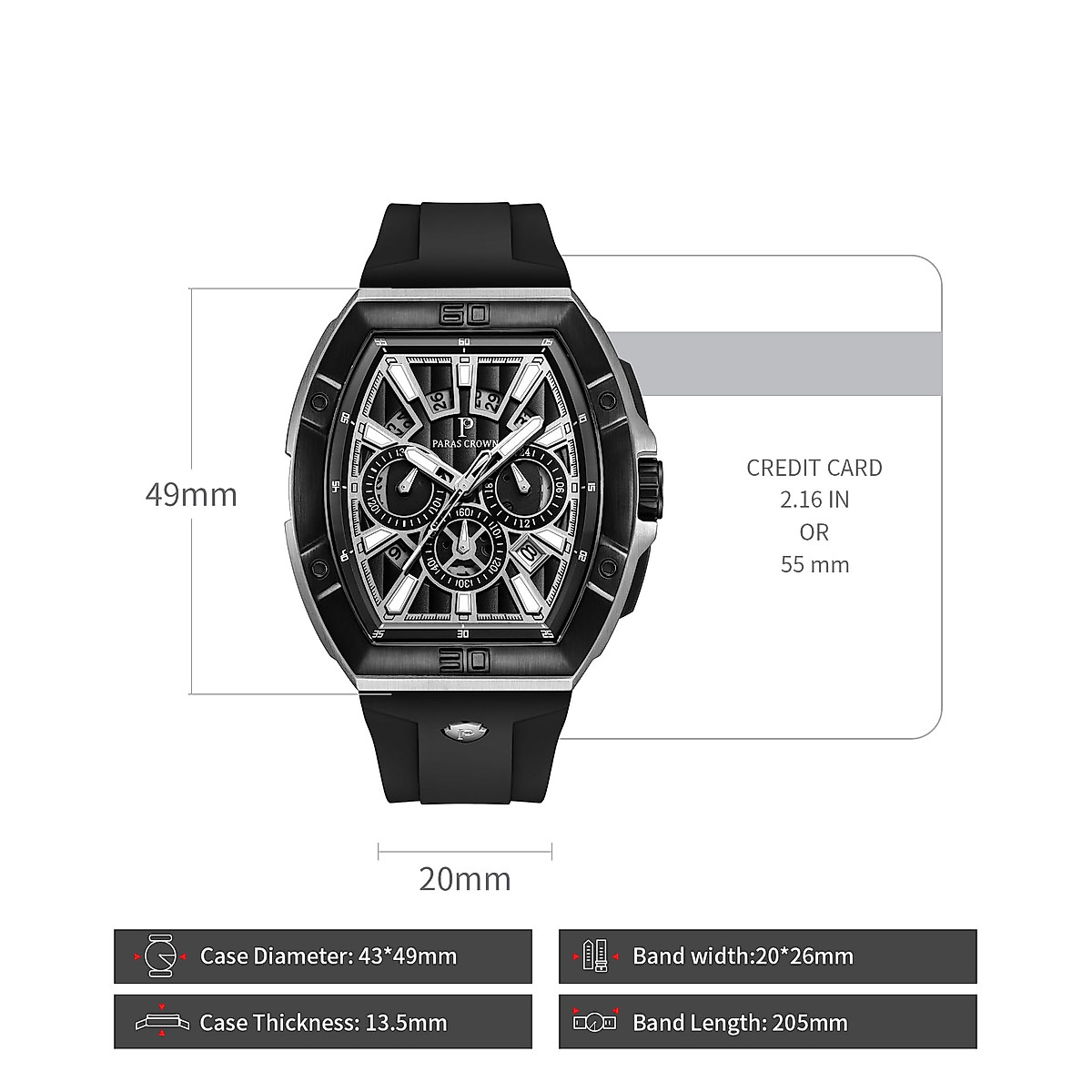 PC PARAS CROWN Mens Watches Luxury Tonneau Quartz Watch for Men Japanese Movement Waterproof Sport Watch, Gifts for Men