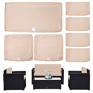 ClawsCover 7Pack Outdoor Seat Back Cushions Replacement Covers Fit for 4-Seater 4Pieces Wicker Rattan Patio Furniture Conversation Set Sectional Couch Loveseat Chair,Light Khaki-Include Cover Only