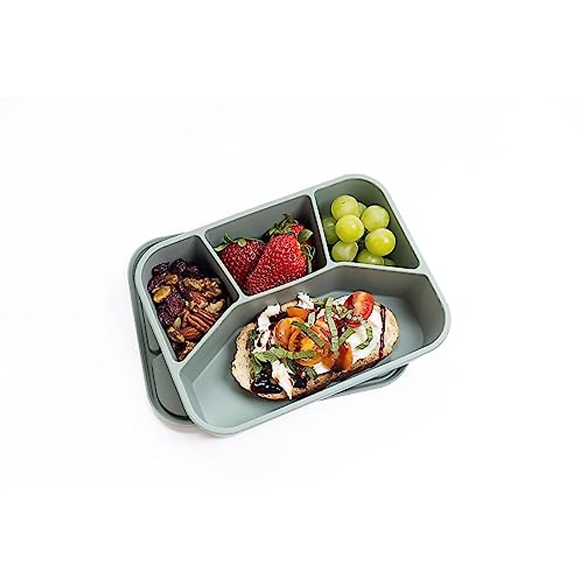 Spoondrift Eco-Friendly Leak Proof Silicone Bento Box Lunch Box, For Child And Adult, 4 Compartment, Choose from 6 Colors, Includes one box (Sage)