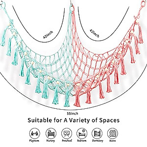 Stuffed Animal Net or Hammock with LED Light, Hanging Corner Storage Net for Wall, Toy Net Hammock Stuffed Animals Holder with Woven Tassels for Nursery Play Room Kids Bedroom Decor