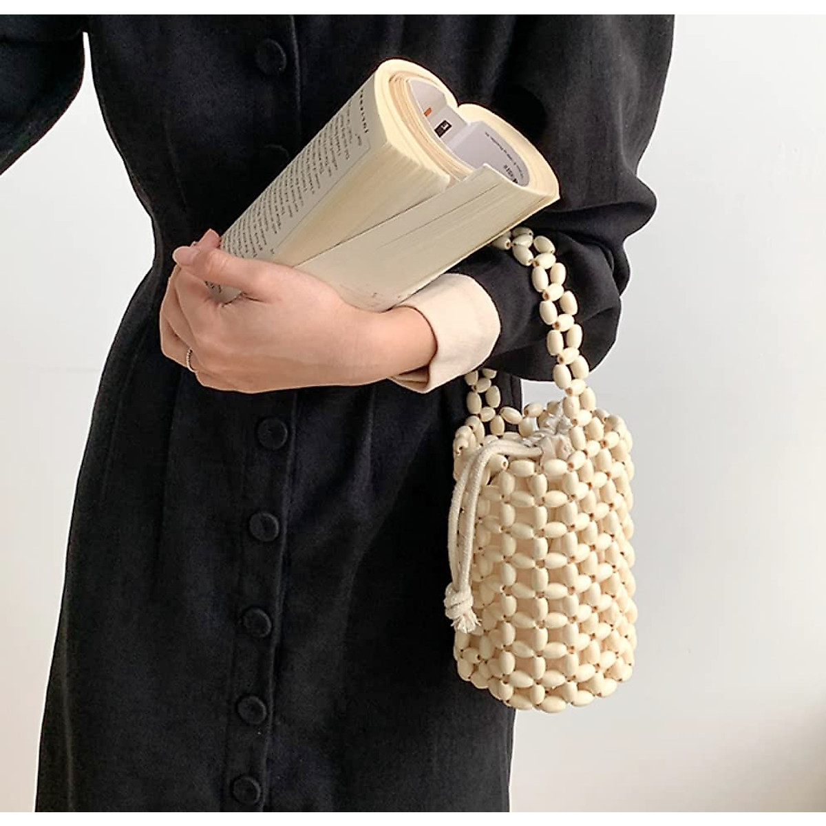 Goodly Wood Beaded Tote Handbag/Summer Mini Beads Bag/Wood Beads Circle Tote Bag for Women (Beige)… (Ivory)