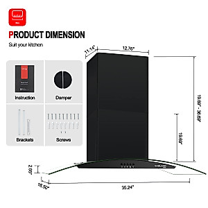 36" Range Hood, GASLAND Chef GR36BP Curved Glass Wall Mount Range Hood Black, 3 Speed 450 CFM Ducted Kitchen Hood with LED Lights, Push Button Control, Convertible Chimney, Aluminum Filter