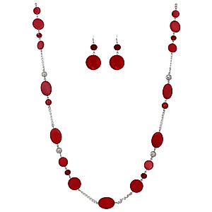 Jules D. Long Link Chain Multi Colorful Red Green Blue Necklace Earring Set Crystal Shell Stone Beads Statement Necklace for Women Gift (Red)