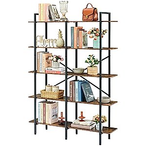 Hoctieon Double Wide 5 Tier Bookshelf, Rustic Open Etagere Bookcase, Vintage Industrial Large Bookshelves, Display Shelves with Metal Frame, for Home Office Decor Display, Rustic Brown