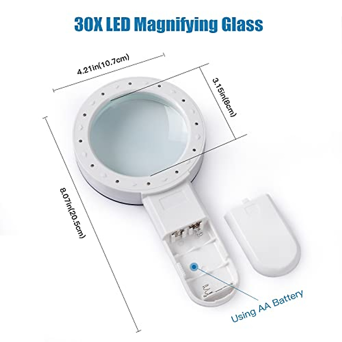 Magnifying Glass with Light, 30X Handheld Magnifying Glass, 12 LED Illuminated Lighted Magnifier for Low Vision Seniors Reading, Macular Degeneration, Soldering, Inspection, Coins, Jewelry, Exploring