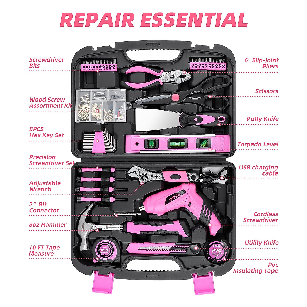 143 Pcs Pink Homeowner Tool Set with 3.6V Cordless Screwdriver General Household Hand Tool Kit with Plastic Tool box Storage Case for Women,Men