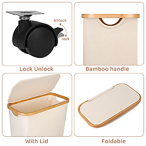 Merkisa 60L Slim Laundry Basket with Wheels,Narrow Hampers for Laundry,Freestanding Laundry Hamper with Lid&Bamboo Handles,Collapsible & Waterproof Tall Cloth Hamper for Dorm Family(Beige)