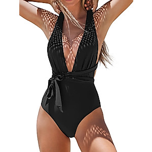 CUPSHE Women's One Piece Swimsuit Sexy Deep V Neck Black Tie Bathing Suit, XS