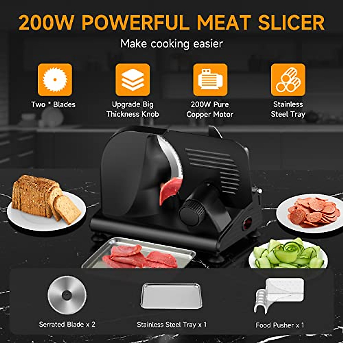 200W Meat Slicer with Two 7.5” Blades & One Stainless Steel Tray for Home Use, Electric Deli Food Slicer with “Upgrade” Big Thickness Knob (0-15mm) Cut Meat Cheese Bread, Easy to Clean