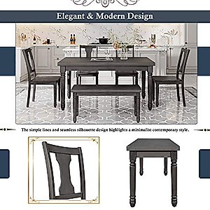 Woanke 6-Piece Set, Wooden Rectangular Table with 4 Chairs and 1 Bench, Rustic Style for Kitchen, Dining Room, Breakfast Nook, 2-Gray