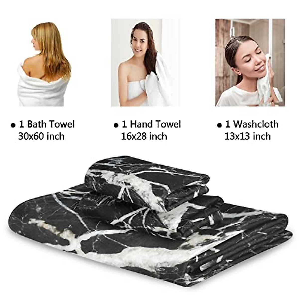 Naanle Black and White Marble Towel 3 Piece Set Bath Towels Set for Bathroom Highly Absorbent Cotton, 1 Large Bath Towel+ 1 Hand Towel+ 1 Washcloth, Pack of 3 Softness Towels for Decoration