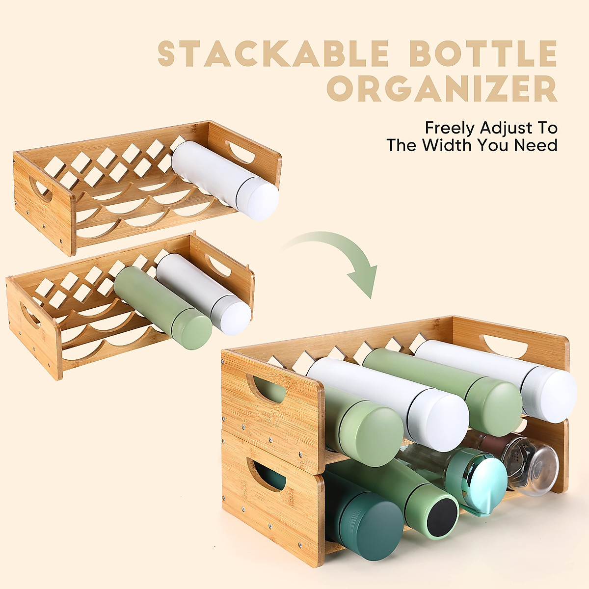 vinlley Bamboo Water Bottle Organizer, Free-Standing Stackable 4 Bottle Storage Holder Rack - Water, Wine, and Drink Organizer Shelf for Kitchen Countertop, Cabinet, Pantry, Fridge, Freezer - 2 Pack