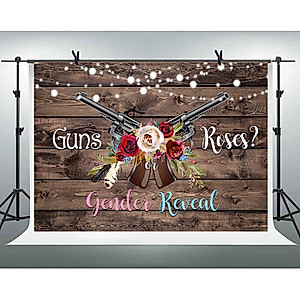Lofaris Guns or Roses Gender Reveal Backdrop Rustic Wooden Photography Background Shining Lights He or She Boy or Girl Baby Shower Party Newborn Banner Decorations Supplies Photo Booth Props 10x7ft