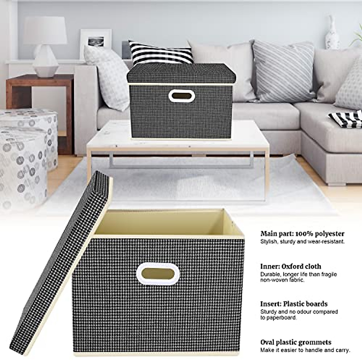 TYEERS Large Collapsible Storage Bins with Lids, Patterns, Washable, Fabric Decorative Storage Boxes for Organizing 17.3x11.8x11.4 inches, 5 Pack, Gray