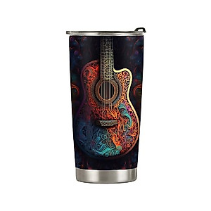 20oz Hippie Acoustic Guitar, Guitarist, Musician Gifts, Coffee Thermos for Men, Women, Stainless Steel Double Wall Vacuum Insulated Coffee Mug, Travel Cup with Lid