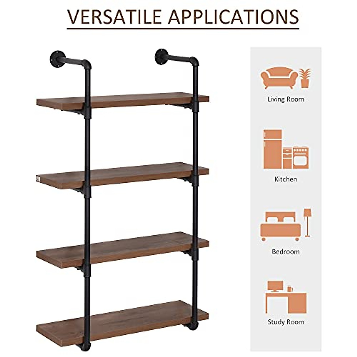 HOMCOM 4-Tier Industrial Pipe Shelves Floating Wall Mounted Bookshelf, Metal Frame Display Rack, 1.25" Thickness Shelving Unit for Farmhouse, Kitchen, Bar, Rustic Brown