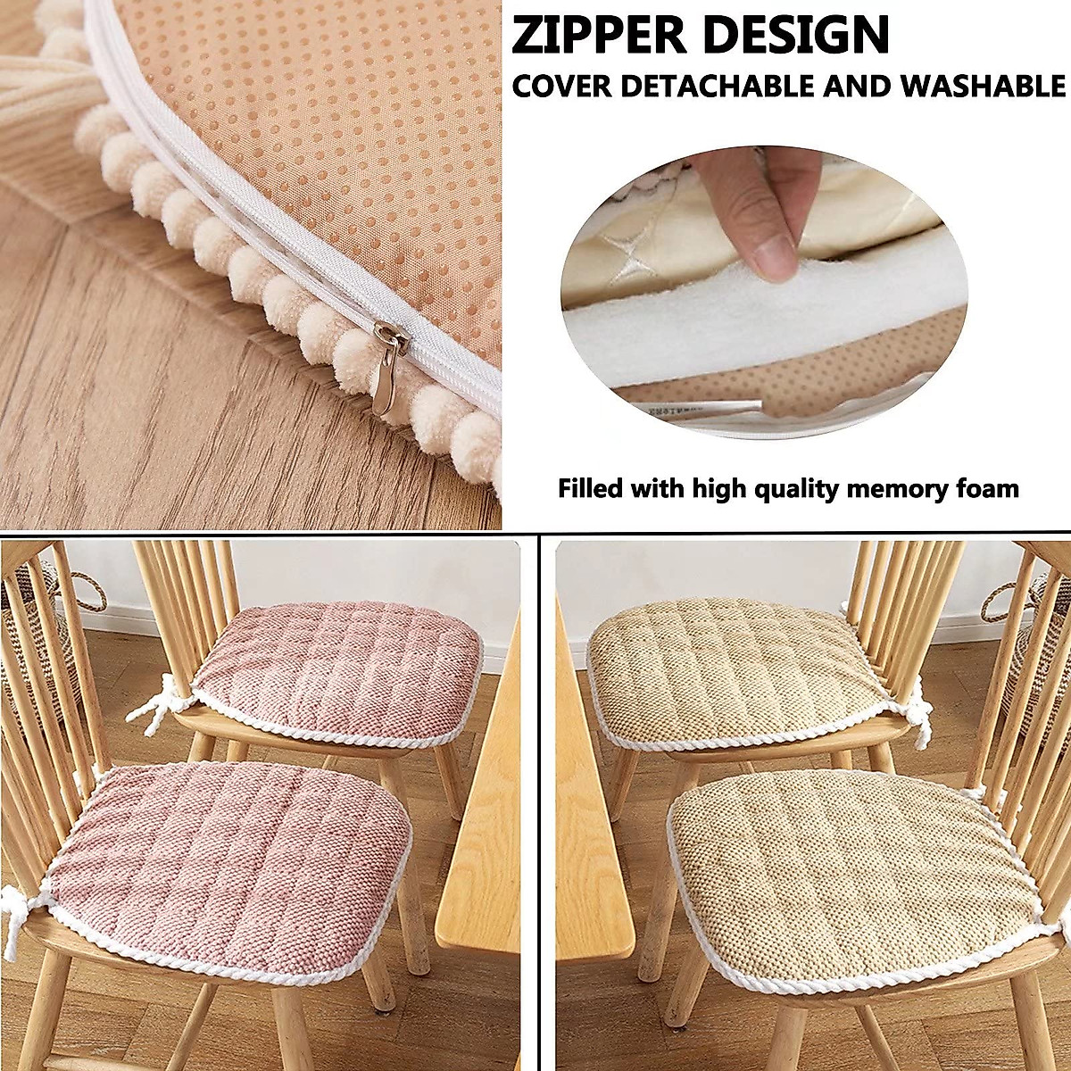 Kitchen Chair Cushions Set of 6 U Shape, 6 Seat Cushions for Dining Room Chairs, Chair Pads for Dining Chairs Washable Detachable, Non Slip Chair Pads with Ties Beige
