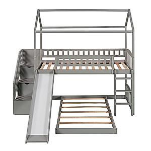 Harper & Bright Designs House Bunk Bed with Slide, Wood Twin Over Twin Bunk Bed Frame with Stairs and Roof for Kids, Teens, Girls, Boys (Gray)
