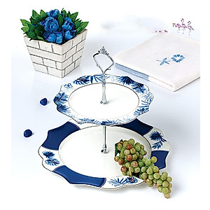 Linlins Fine Bone China 2-Tier Cake Stand/Blue Tropical Plant Cupcake Stand/Pastry Serving Cake Stand
