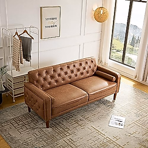 Lunanniu 78 Inch Vegan Leather Sofa Faux Leather Couches Loveseat Button Tufted Back Mid Century Modern 2 Bolster Pillows Solid Wood Frame and Legs 2 Seat Love Seat for Living Room Brown