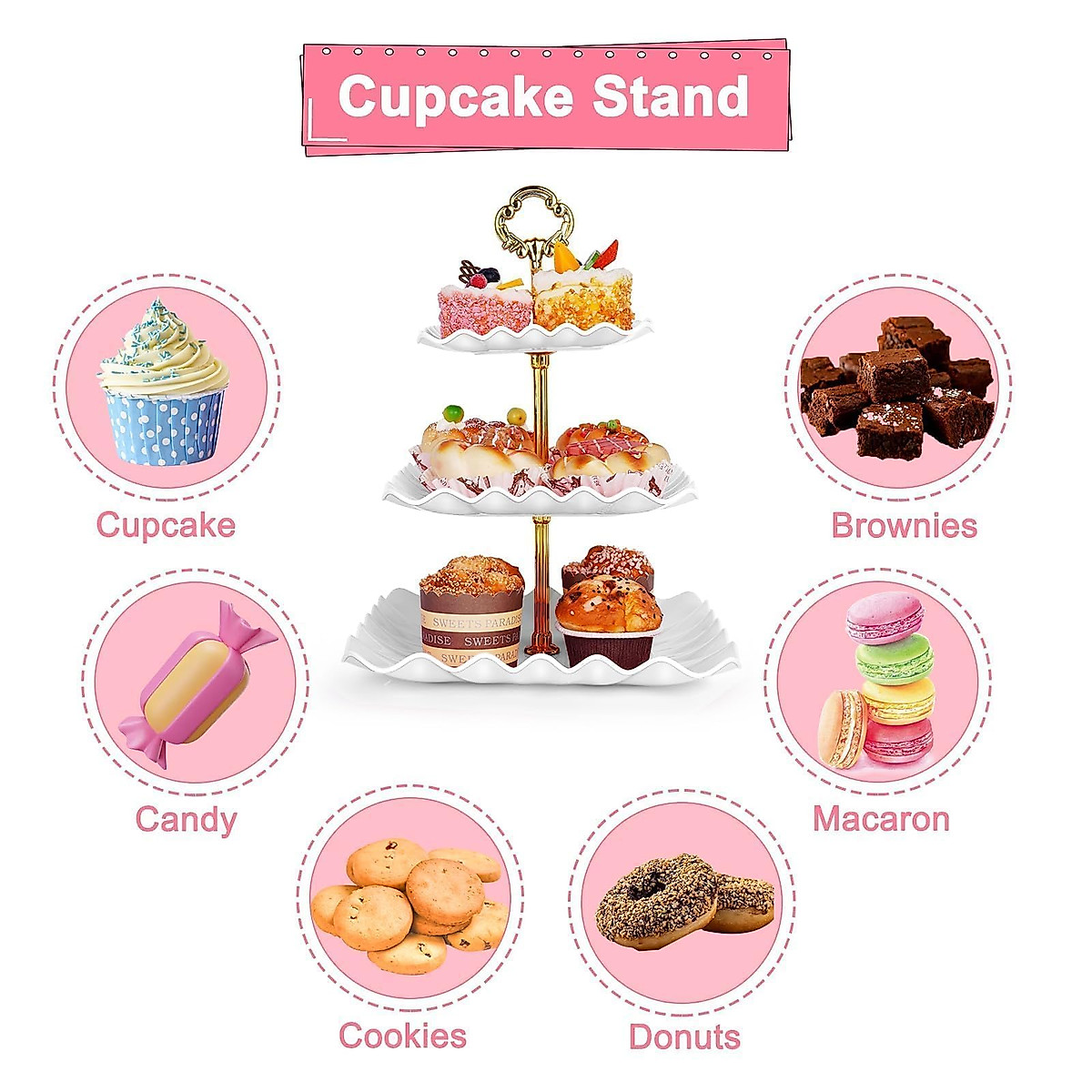 5 Pcs Dessert Table Display Set - 2 Pcs 3-Tier Dessert Display Stands & 3 Pcs Serving Tray - Dessert Trays Dessert Stands Treat Table Displays Set for Tea Parties,Birthdays & Baby Showers