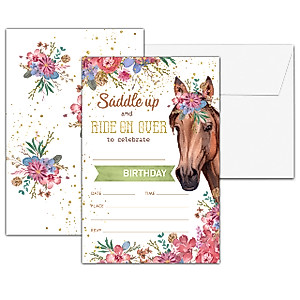 Chuxvon Birthday Party Invitations, Floral Horse Birthday Invitations, Double-Sided Fill In Birthday Invites, Birthday Party Favors Decorations Supplies, 20 Cards With 20 Envelopes(Invite-A08)