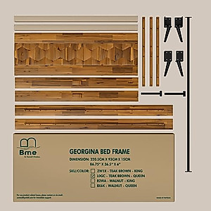 Bme Georgina Signature Bed Frame with Handcrafted Geometric Headboard, Mid Century Modern, Solid Acacia Wood, No Box Spring Needed, 12 Strong Wood Slats Support, Easy Assembly, Teak Brown, Queen