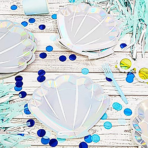 Sparkle and Bash 48 Pack Holographic Seashell Paper Plates for Girls Mermaid Birthday Party Supplies - 9 Inch Silver Foil Sea Shell Plates