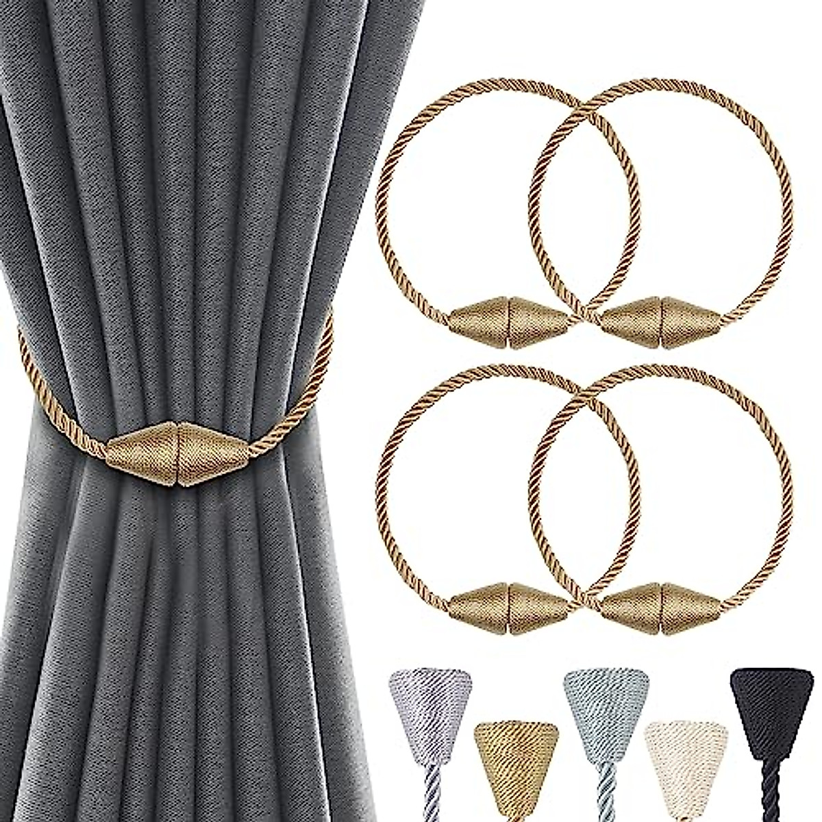 Groleca 4 Pack Magnetic Curtain Tiebacks Curtain Holdbacks Curtain Ties Curtain Pull Backs Modern Rope Tiebacks Drapery Holdbacks Tie Backs for Curtains (Gold,Cone-4 PCS)