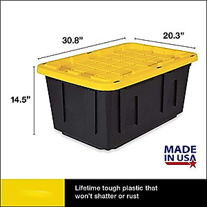 BLACK & YELLOW 27-Gallon Tough Storage Containers with Secure Snap Lid, Stackable, Extremely Durable, Nestable, 4 Pack