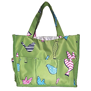 SONA G DESIGNS Small Fashion Organizing Tote Bag - 12 Outside Pockets Bingo Cosmetics Crafts Yarn Crochet Projects - Green Bird