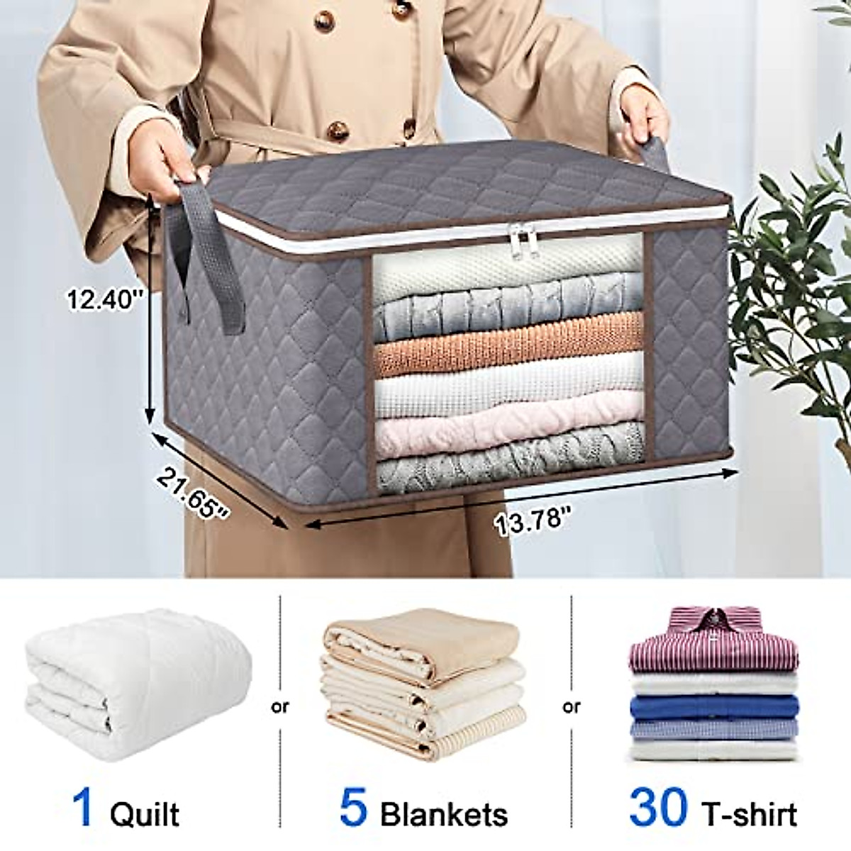 Fixwal 8 Pack Blanket Storage Bags Foldable Clothing Storage with Reinforced Handles Sturdy Zippers Storage Containers for Clothes Pillow Dorm Bedroom, 60L, Gray