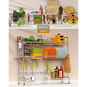 Ace Teah Over The Sink Dish Drying Rack 2-Tier Large Over Sink Dish Rack for Kitchen Organizer, Above Sink Dish Drainer Stainless Steel with Utensil Holder Hooks, Silver