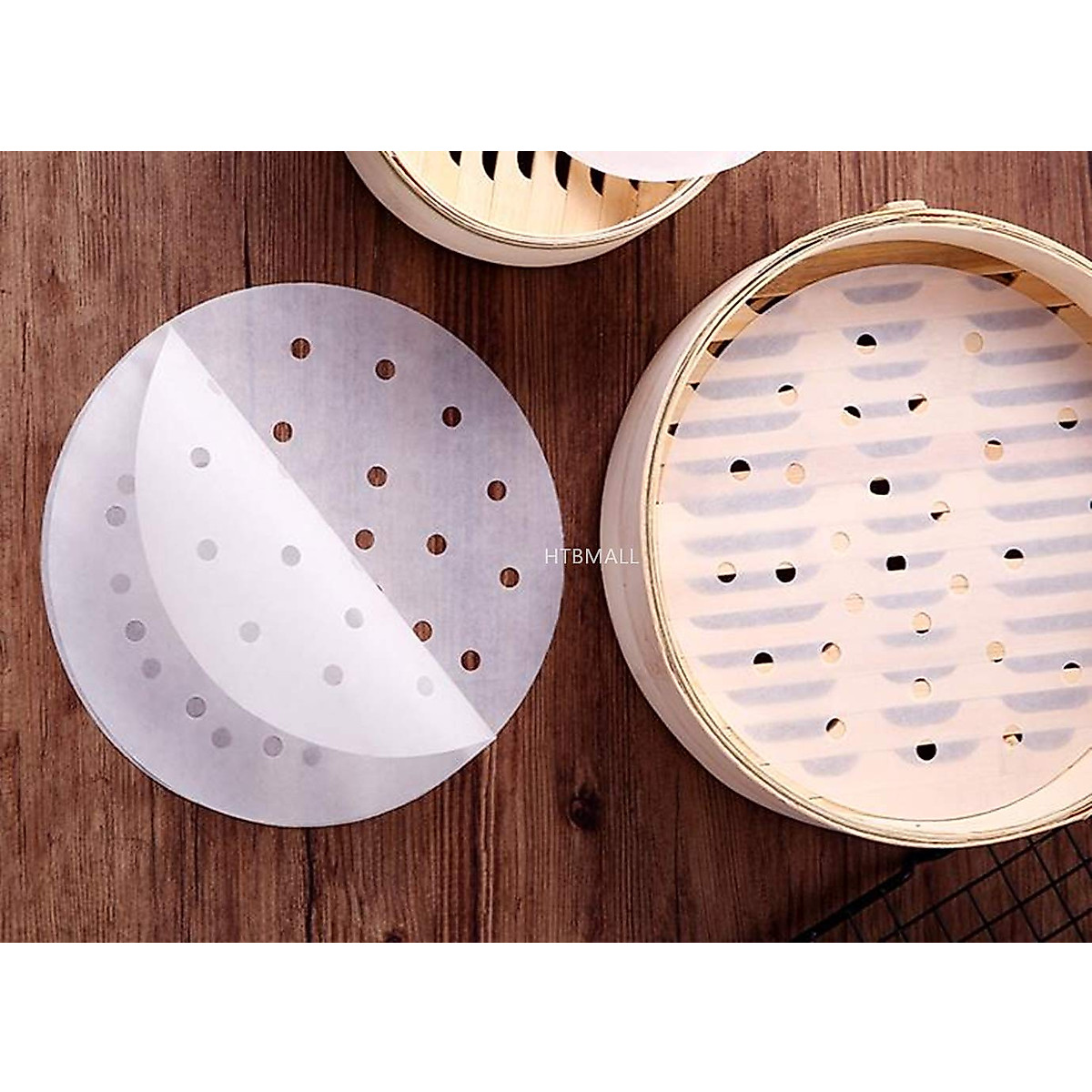 100pcs Air Fryer Liners, 10 inches Bamboo Steamer Liners, Premium Perforated Parchment Steaming Papers, Non-stick Steamer Mat