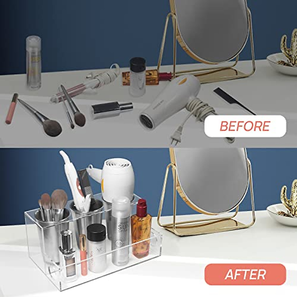 A & R Hair Tool Organizer, Clear Acrylic Blow Dryer Holder, Hair Dryer Organizer for Countertop, Bathroom & Vanity with 3 Heatproof Steel Cups