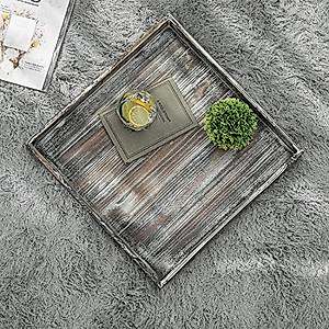 MyGift 19-inch Square Rustic Torched Wood Ottoman Tray with Vintage Metal Side Accent Wraps