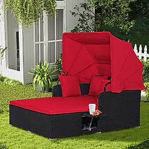 LDAILY Moccha Outdoor Daybed with Retractable Canopy, Wicker Cabana with 2 Side Tables & Soft Cushions,Hand-Woven PE Rattan Bed Lounger, Patio Sectional Furniture Set for Garden Backyard Porch (Red)