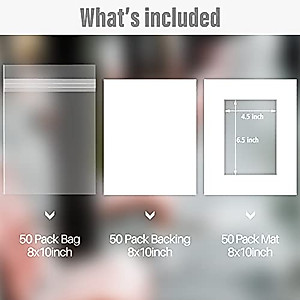 Golden State Art Pack of 50 8x10 White Picture Mats Mattes with White Core Bevel Cut for 5x7 Photo + Backing + Bags