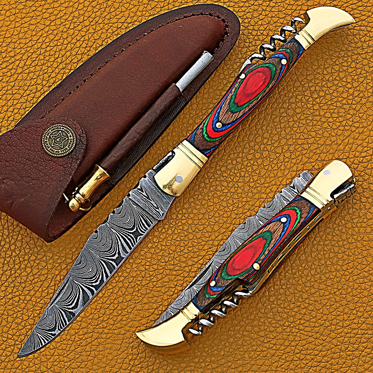 Smart & Sharp Custom Handmade Damascus Steel Folding Knife Pocket Knife AR17418Multi Colored wood Multi