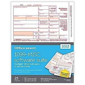 Office Depot® Brand 1099-MISC Laser Tax Forms with Software, 4-Part, 2-Up, 8-1/2" x 11", Pack of 25 Forms
