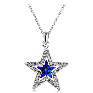 AILUOR Five-Pointed Star Sapphire Crystal Pendant Necklace, Fashion Silver Crystal Hollow Star Jewelry for Women (Blue)