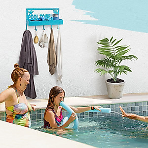 Pool Towel Rack - 2-in-1 Outdoor Poolside Beach Washcloth Drying Rack Holder, Wall Mounted Metal Hooks Decor for Bath Towel Storage, Robe Swimsuit, Coat, Bags, Phone, Keys - Blue