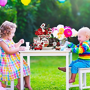 Maitys 15 Pieces Ladybug Tiered Tray Decor Set Spring Summer Wooden Blocks Sign Rustic Farmhouse Decor Ladybird Tiered Tray Decorative Trays Signs for Home Kitchen Shelf Table Decorations