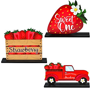 CNhoqc 3pcs Strawberry Theme Wooden Table Topper Centerpiece Decorations Sign for Holiday Happy Birthday Girls Party Supplies Sweet One Strawberry Cute Vintage Tabletop Home Desk Table Indoor Decor