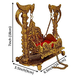 Purpledip Metal Jhula Swing with Velvet Seat: Gold Throne Chowki Aasan Platform for God Idols Like Baby Krishna (12683)